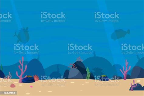 바다 식물과 바위와 귀여운 바다 물고기 실루엣이 있는 해저의 풍경 그림 0명에 대한 스톡 벡터 아트 및 기타 이미지 0명