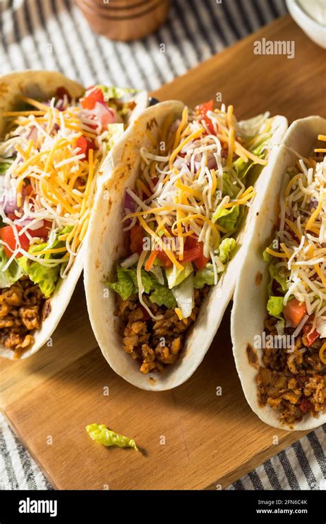 Homemade American Soft Shell Beef Tacos With Lettuce Tomato Cheese