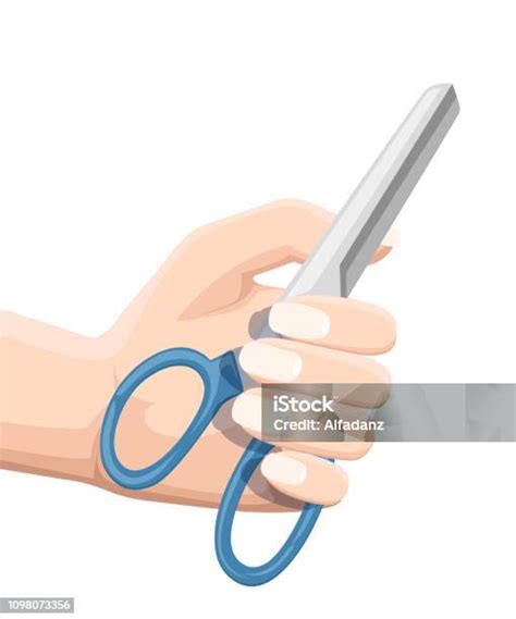 손이 위를 들고입니다 파란색 플라스틱 손잡이 및 스테인리스 흰색 배경에 고립 된 평면 벡터 일러스트 레이 션 가위에 대한 스톡 벡터 아트 및 기타 이미지 Istock
