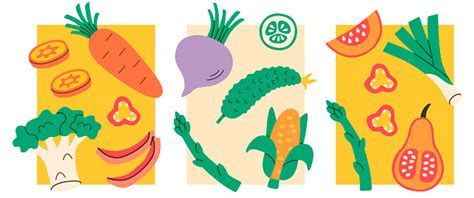 당근 사탕무 오이 브로콜리 아스파라거스 옥수수 부추 호박을 포함한 야채의 평면 그림은 장식 카드에 배열되어 건강한 식사 요리 프로젝트에 이상적입니다 건강한 생활방식에 대한