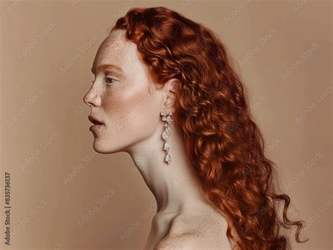 주얼리 룩북 긴 빨간 머리 곱슬 머리를 가진 측면 프로필 백인 모델 어깨는 편안하고 귀는 눈길을 끄는 다이아몬드 귀걸이