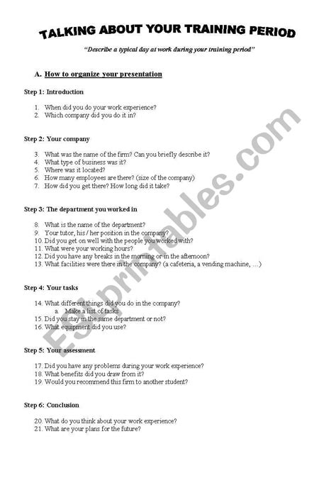 Talking About Your Training Period Esl Worksheet By Rackine35