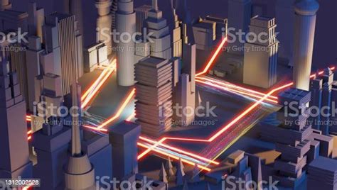 3d 렌더링 추상 적 도시 네온 신호등 효과가 있는 도시 계획 거리 및 고층 빌딩 0명에 대한 스톡 사진 및 기타 이미지 0