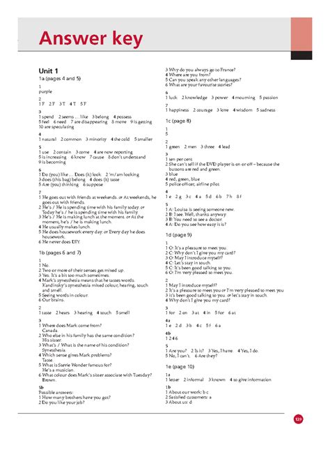 workbook answer key answer key unit 1 1a pages 4 and 5 1 purple 2 1