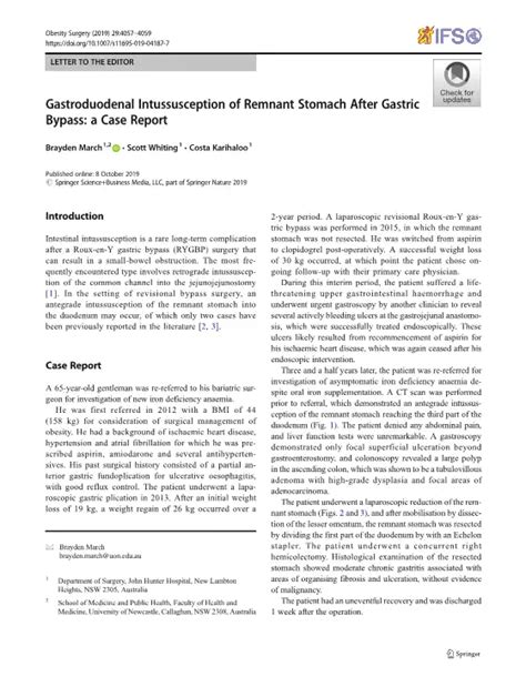 Gastroduodenal Intussusception Of Remnant Stomach After Gastric Bypass A Case Report Docslib