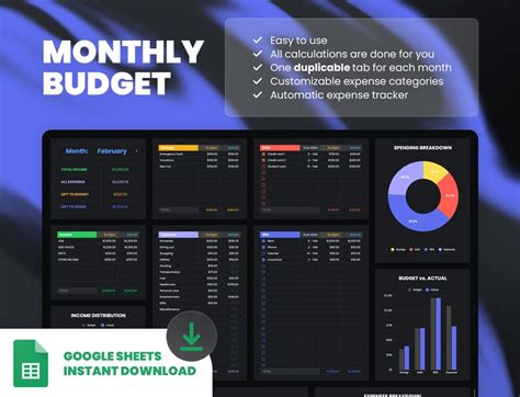 Monthly Budget On Google Sheets With A Dark Mode Color Scheme