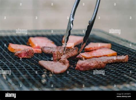 Wagyu Beef Bbq On The Charcoal Grilling On Hot Nice Summer Day In Japan