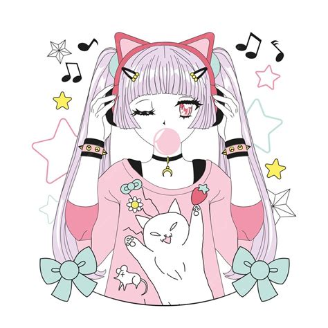 Chica Estilo Kawaii Con Orejas Neko Color Rosa Vector Premium