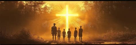 Banner Christian People Surround Praying Cross Sunligh Shine Dove Fly