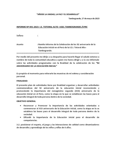 Informe De La Celebracion De Educacion Inicial Pdf Educación De La