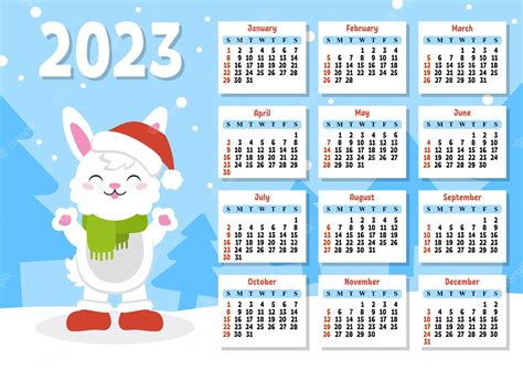 Цветной календарь на 2023 год с милым персонажем кроликом неделя ...