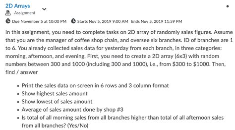 Solved 2d Arrays Assignment Due November 5 At 1000 Pm