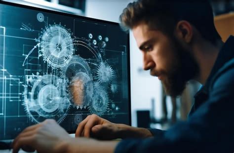 Premium Photo A Man Looking At Graphs And Gears Inside A Computer