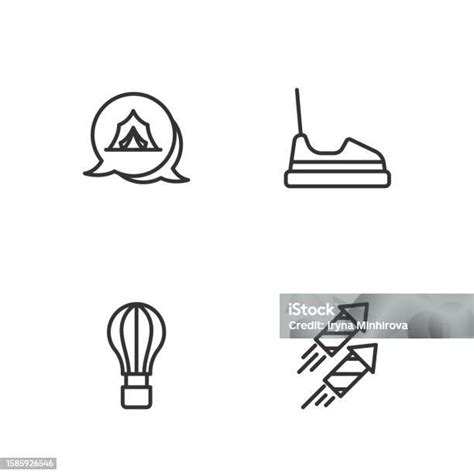 세트 라인 불꽃놀이 로켓 열기구 서커스 텐트 및 범퍼카 아이콘 벡터 검은색에 대한 스톡 벡터 아트 및 기타 이미지 검은색 공휴일 기 Istock