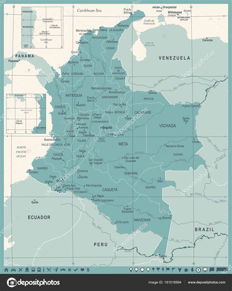 コロンビア マップ ヴィンテージの詳細なベクトル図 — ストックベクター © Dikobrazik 181016994