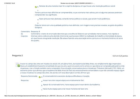QUESTIONÁRIO HISTÓRIA DA ARTE MODERNA E CONTEMPORÂNEA UNIDADE 2