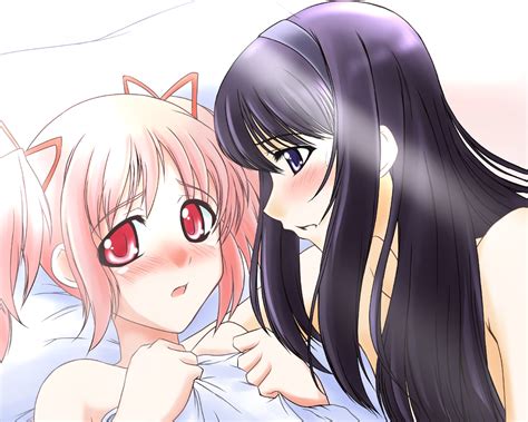 The Big Imageboard Tbib 2girls Akemi Homura Bed Sheet Black Hair