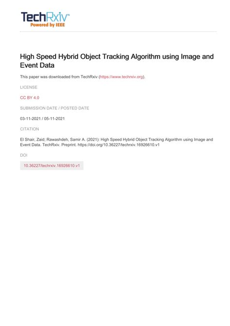 Pdf High Speed Hybrid Object Tracking Algorithm Using Image And Event
