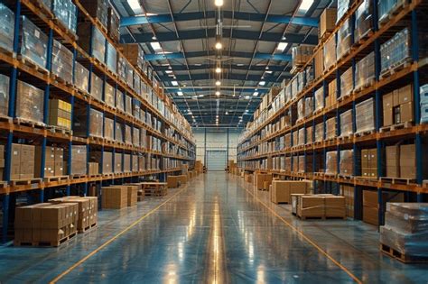 A Large Warehouse With Many Boxes Stacked On Shelves Stock Image