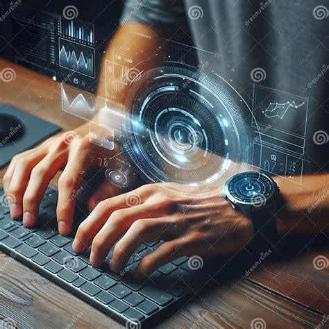 Close Up Of Hands Typing On A Keyboard With Futuristic Holographic Data
