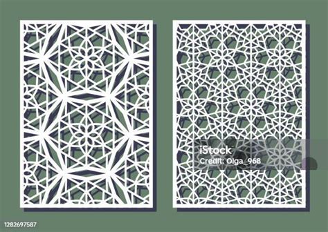 레이저 절단을위한 Gexagon 원활한 패턴의 눈송이 범용 인사말 카드 레이저 컷 패널 벡터 그림입니다 직사각형 A4 개체 그룹에 대한 스톡 벡터 아트 및 기타 이미지