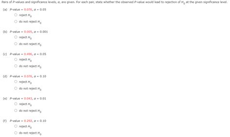 Solved Pairs Of P Values And Significance Levels A Are Chegg Com