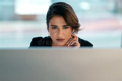 Business Woman Computer And Thinking Reading Or Online Management For Software Data Review Or