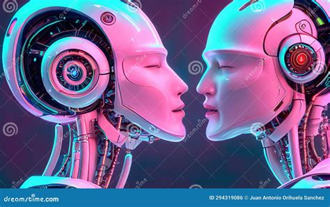 Close Up Of A Couple Of Metal And Neon Lit Androids About To Kiss