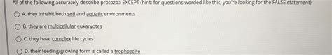 Solved All Of The Following Accurately Describe Protozoa Chegg