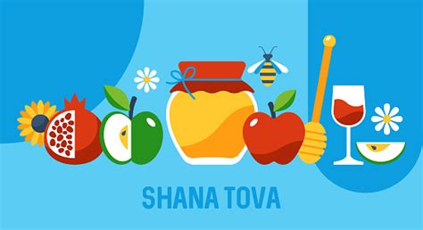 유대인 휴일 Rosh Hashanah 꿀 항아리 사과 및 석류와 현대 인사말 카드 배너 또는 포스터용으로 인쇄합니다 벡터 그림 유대교 신년제에 대한 스톡 벡터 아트 및 기타