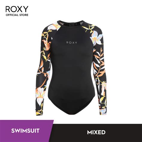 Roxy Mixed Long Sleeve One Piece Swimsuit Anthracite Hibiscus Wave