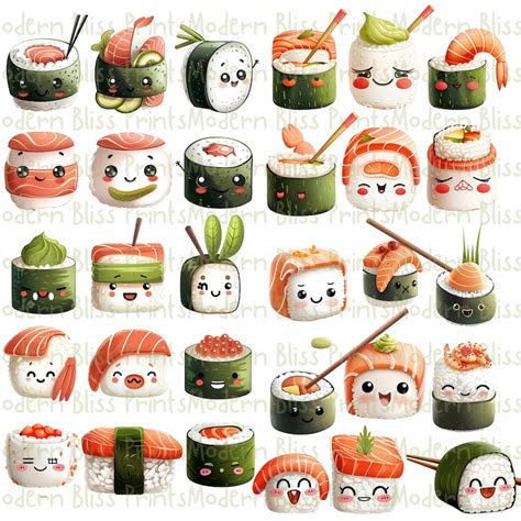 Kawaii Sushi Clip Art Bundle Of 103 PNG Cute Japanese Food Clipart