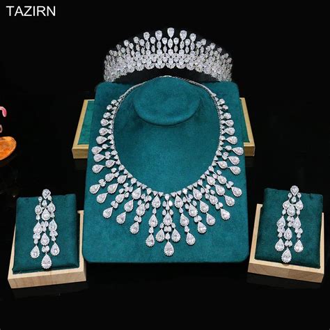 신상 럭셔리 화이트 5a 지르코니아 두바이 나이지리아 크라운 목걸이 귀걸이 세트 여성용 신부 웨딩 Cz 패션 주얼리 3 피스세트보석 세트 Aliexpress