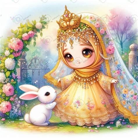 خرید و قیمت بک گراند کودکانه دختر ناز با حجاب با لباس طلایی و خرگوش کوچولو در باغ رویایی کد