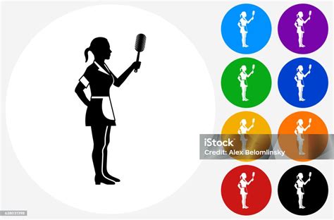 플랫 컬러 원 버튼의 메이드 아이콘 먼지 털기에 대한 스톡 벡터 아트 및 기타 이미지 먼지 털기 컷아웃 가사 집안일