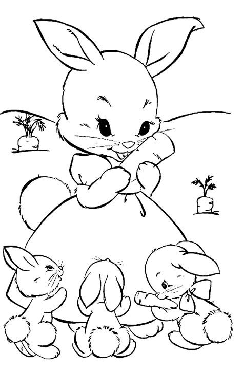 Madre De Conejos Y Tres Conejos Bebés Para Colorear Imprimir E Dibujar