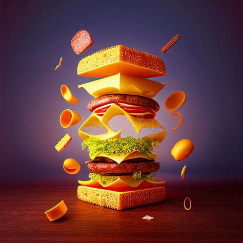 Separated Ingredients Of Cheeseburger In Dynamic View Generative Ai Illustration Tasty And