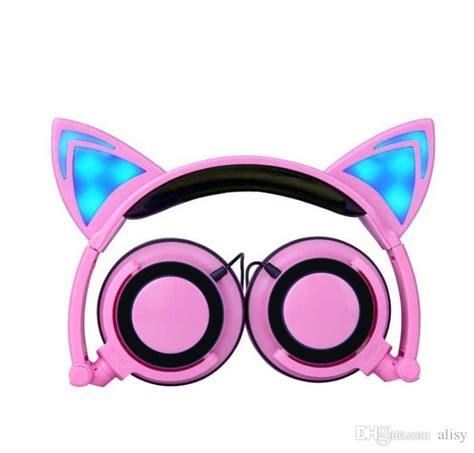 Foldable Cat Ear Pink Cat Headphones With Led Glowing Lights For Mobile