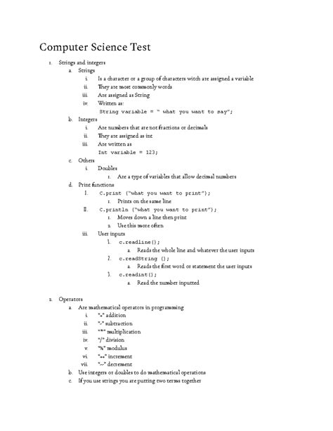 Computer Science Notes Computer Science Test Strings And Integers A