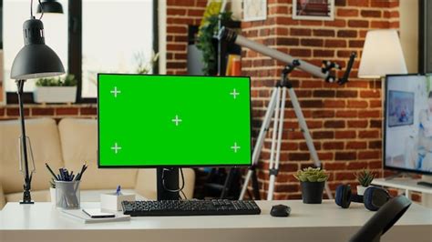 Premium Photo Greenscreen Display On Monitor With Empty Table In