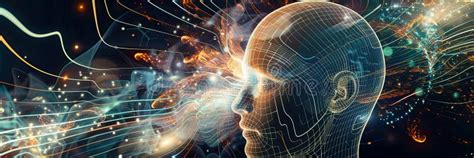 Human Head Surrounded By Dynamic Digital Vortex Illustrating Modern Cognitive Processes On A