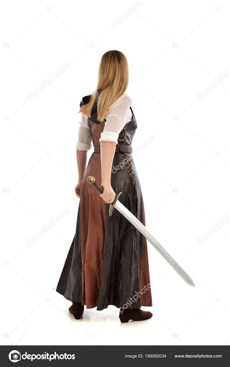 Full Length Portrait Girl Wearing Brown Fantasy Costume Holding Long