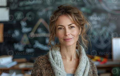 Elegant Middle Aged Teacher Standing Before Chalkboard Surrounded By