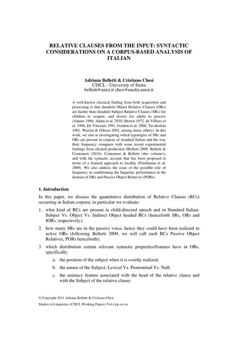 PDF Relative Clauses From The Input Syntactic Considerations On A Corpus Based Analysis Of