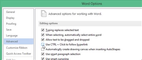 how to follow hyperlinks in word 2013 without holding down the ctrl key