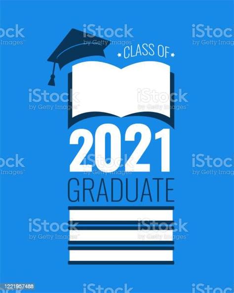2021 년 휴일의 클래스 흰색 번호 교육 학술 모자 및 파란색 배경에 오픈 책 졸업 디자인 프레임 고등학교 대학 축 하 졸업생을 위한 템플릿입니다 벡터 그림입니다 2021