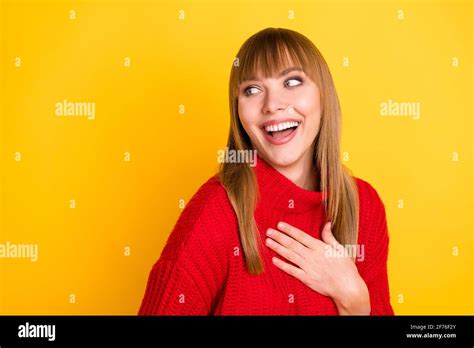 Photo Of Blond Impressed Lady Look Empty Space Wear Red Sweater