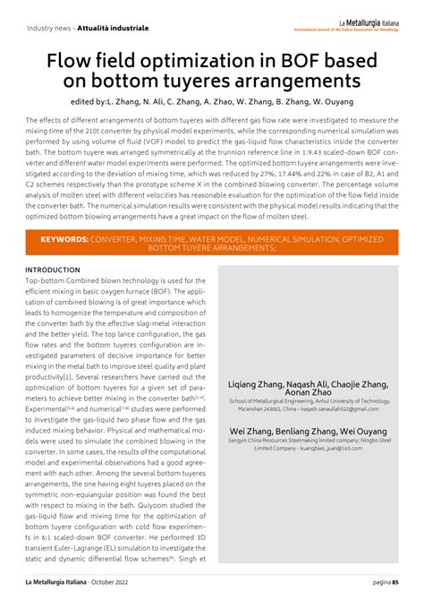 Pdf Flow Field Optimization In Bof Based On Bottom Tuyeres Arrangements
