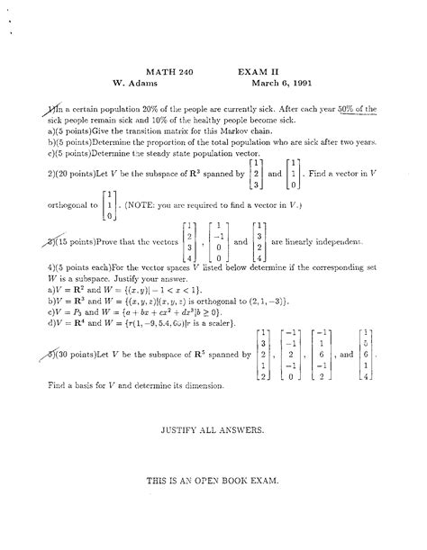 old exam questions introduction to linear algebra math 240 docsity
