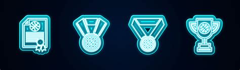 세트 라인 인증서 농구 상 농구 메달 어워드 컵 포함 빛나는 네온 아이콘입니다 벡터 1위에 대한 스톡 벡터 아트 및 기타 이미지 1위 Championship 경쟁